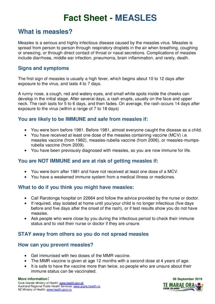 Measles Factsheets - Te Marae Ora Cook Islands Ministry of Health