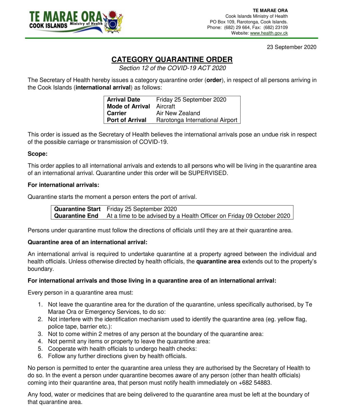 Category Quarantine Order - International arrivals 25 September 2020 ...