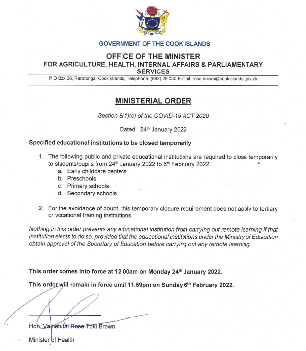 Ministerial Order for Schools - Te Marae Ora Cook Islands Ministry of ...