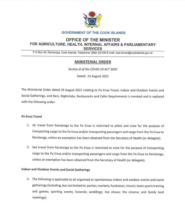 Updated Ministerial Order for 23 August 2021 - Te Marae Ora Cook ...