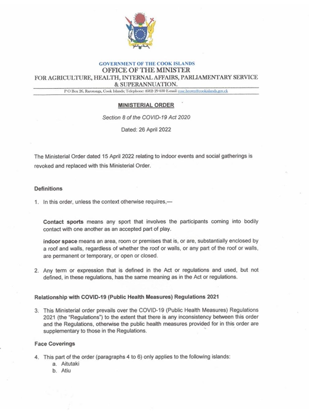 Ministerial Order 26 April 2022 - Te Marae Ora Cook Islands Ministry of ...
