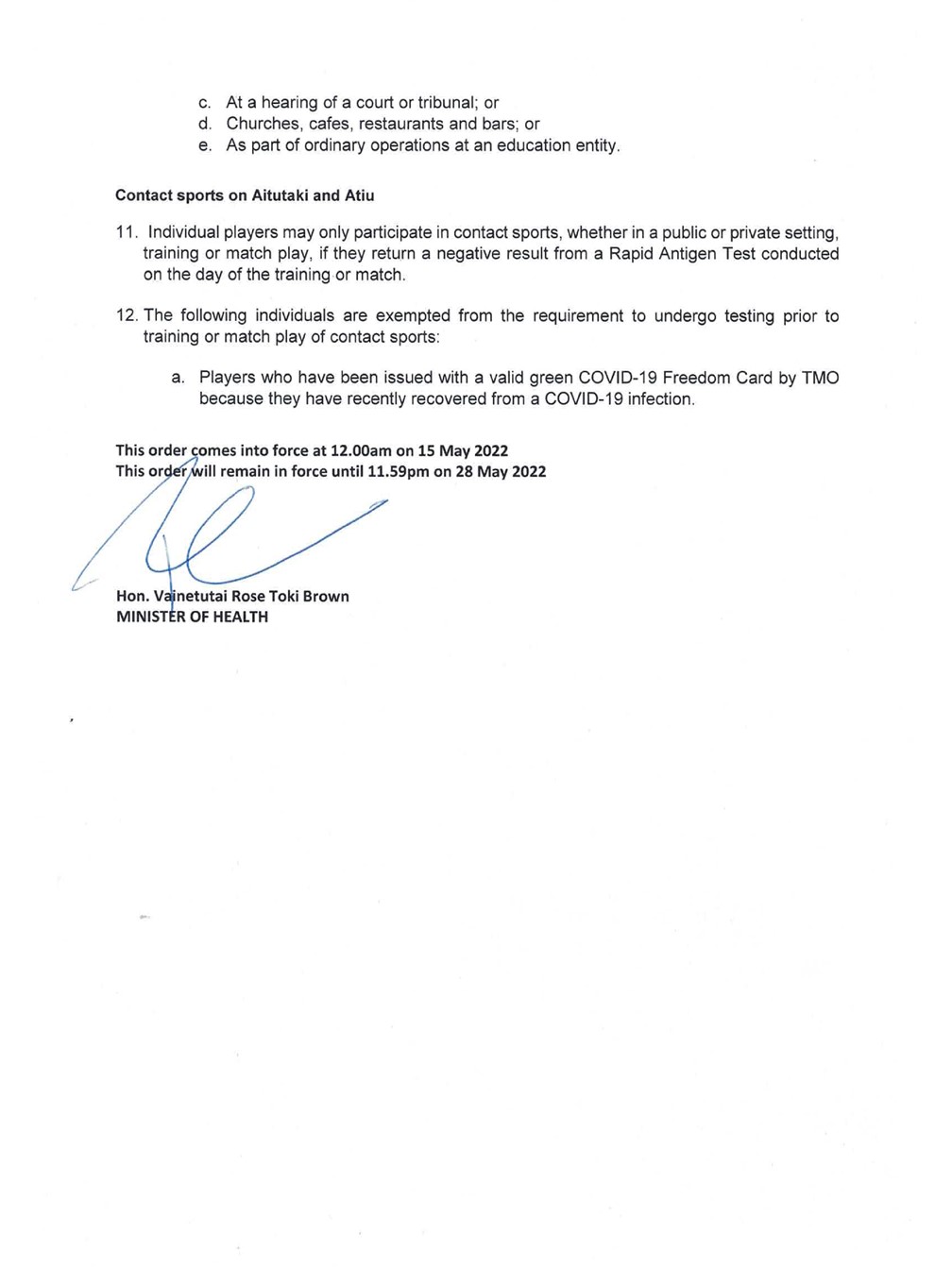 Ministerial Order 13 May 2022 – Te Marae Ora Cook Islands Ministry of ...